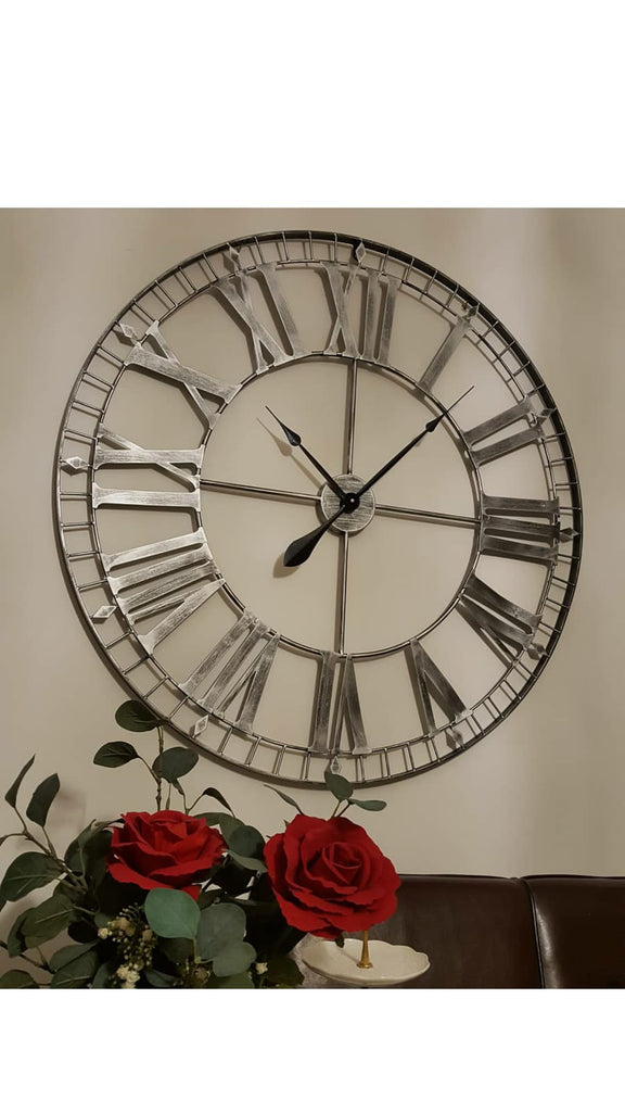 88cm Extra Large Skeleton Wall Clocks - Metal - Rustic Silver - Contem ...