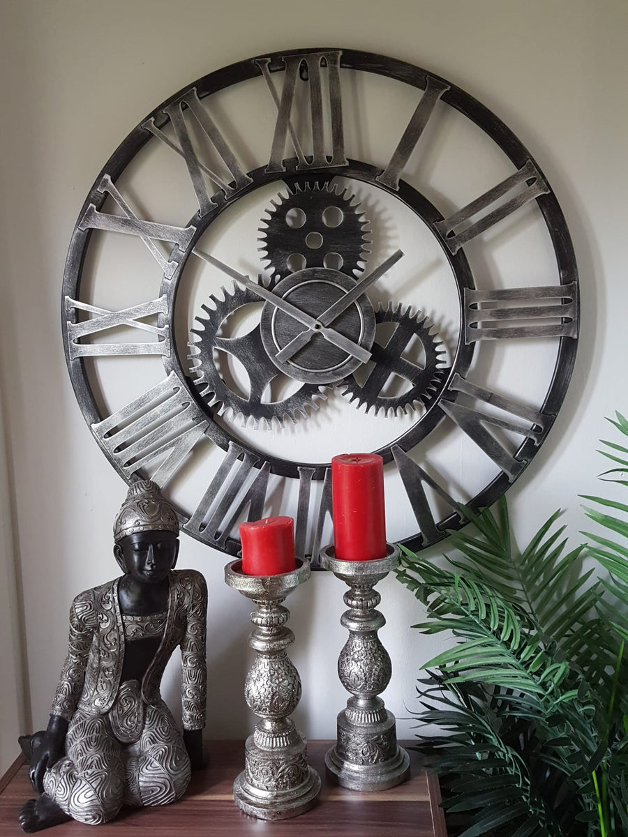 76cm - 100% Metal Large Skeleton Gear Wall Clock - Rustic Silver - Ind ...